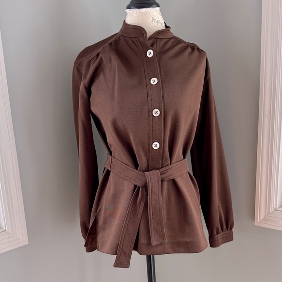 Vintage | Tops | Vintage 7s Dalton Chocolate Brown Poly Knit Belted ...